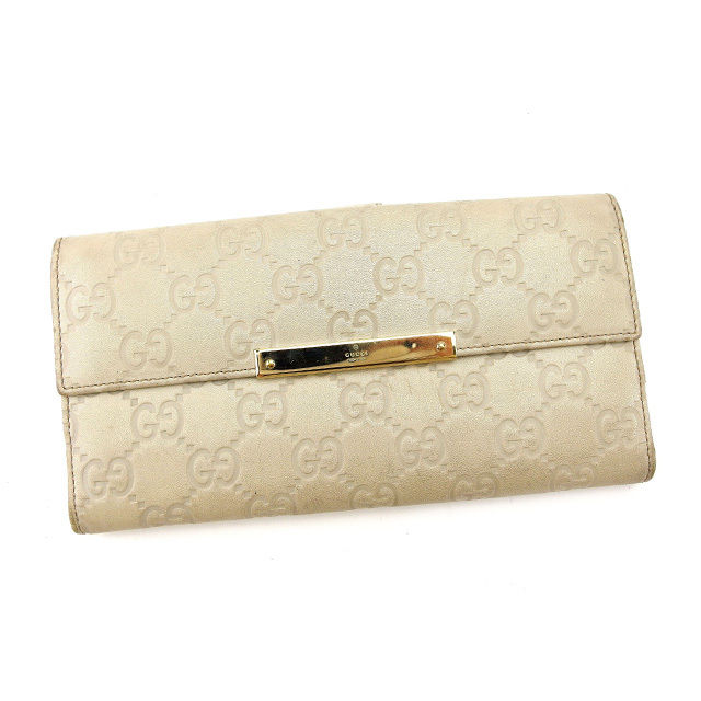 【BIGお買い物ラリー★30%OFFセール中】グッチ GUCCI 長財布グッチシマ ロゴプレート付き ライトベージュ×ゴールド レディース 中古
