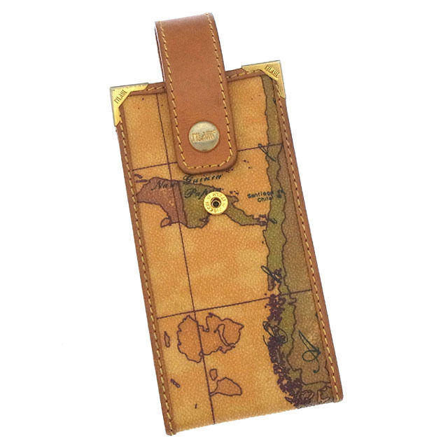 【X'masセール★30%OFF】プリマクラッセ PRIMA CLASSE ポーチ地図柄 角プレート付き ベージュ系×ライトブラウン×ゴールド レディース 中古