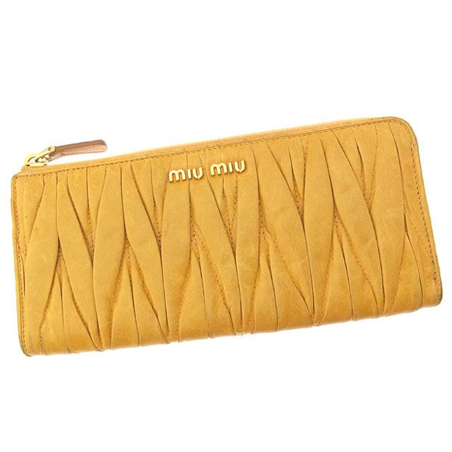 【X'masセール★30%OFF】ミュウミュウ MIUMIU 長財布マトラッセ ロゴ入り イエロー×ゴールド レディース 中古