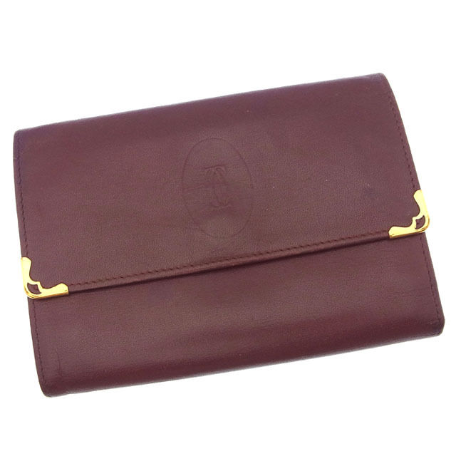 【BIGお買い物ラリー★30%OFFセール中】カルティエ CARTIER 三つ折り財布マストライン 角プレート付き ボルドー×ゴールド レディース 中古