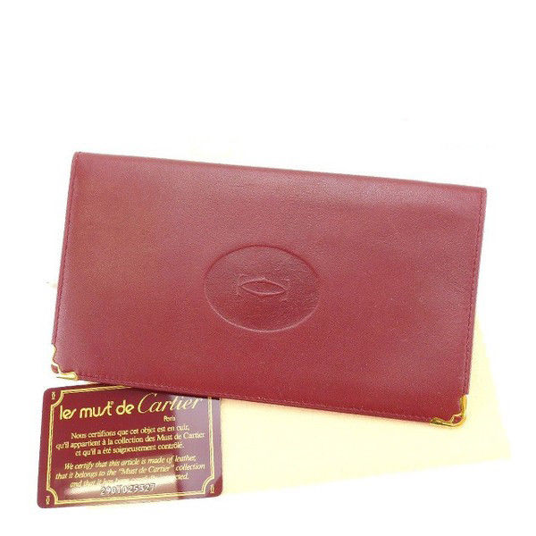 【BIGお買い物ラリー★30%OFFセール中】カルティエ CARTIER 札入れマストライン 角プレート付き ボルドー×ゴールド レディース 中古