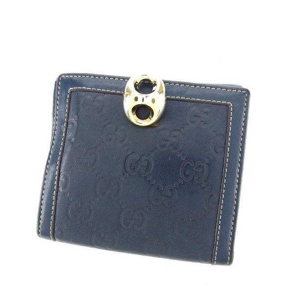 【BIGお買い物ラリー★30%OFFセール中】グッチ GUCCI 二つ折り財布グッチシマ 金具クリップ付き ネイビー×ライトゴールド レディース 中古