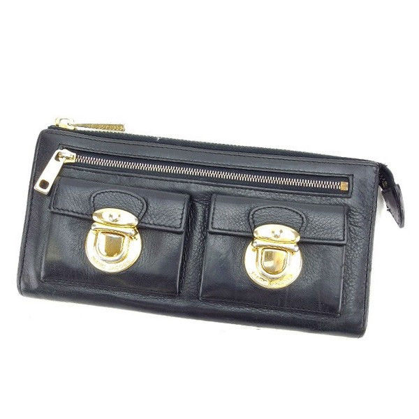 【X'masセール★30%OFF】マークジェイコブス MARC JACOBS 長財布フロントWポケット ブラック×ゴールド レディース 中古