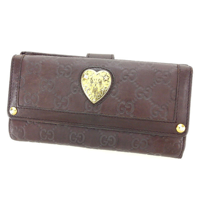 【BIGお買い物ラリー★30%OFFセール中】グッチ GUCCI 長財布グッチシマ ハートクレストディティール ブラウン×ゴールド レディース 中古