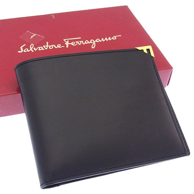 【X'masセール★30%OFF】サルヴァトーレフェラガモ Salvatore Ferragamo 札入れFプレート ブラック×ゴールド レディース 中古