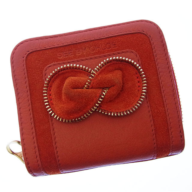 【BIGお買い物ラリー★30%OFFセール中】シーバイクロエ SEE BY CHLOE 二つ折り財布ZIPリボン付き オレンジ×ゴールド レディース 中古