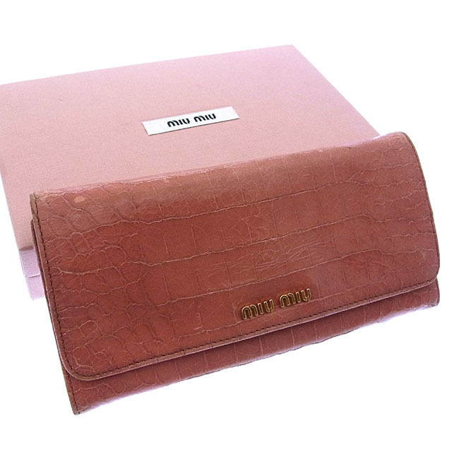 【BIGお買い物ラリー★30%OFFセール中】ミュウミュウ MIUMIU 長財布クロコダイル調 ロゴ入り ピンク×ゴールド レディース 中古