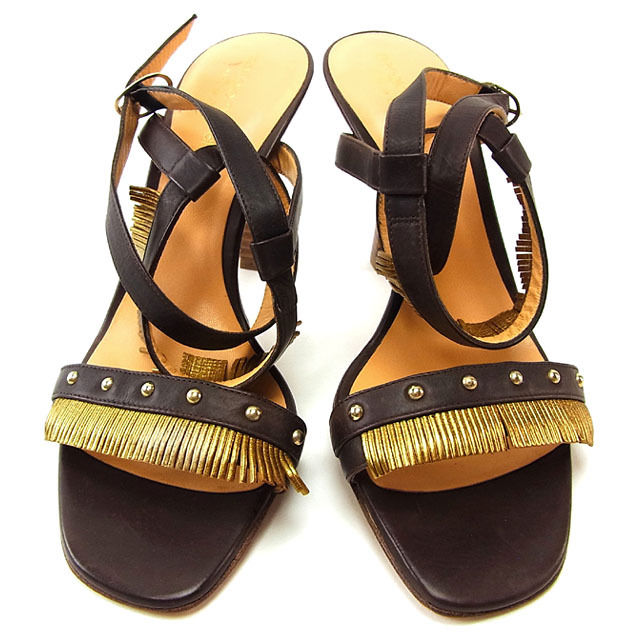 【BIGお買い物ラリー★30%OFFセール中】セルジオロッシ Sergio Rossi サンダルフリンジ＆スタッズ付き ♯36 アンクルストラップ ブラウン×ゴールド レディース 中古