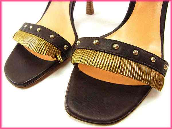 【BIGお買い物ラリー★30%OFFセール中】セルジオロッシ Sergio Rossi サンダルフリンジ＆スタッズ付き ♯36 アンクルストラップ ブラウン×ゴールド レディース 中古 セルジオロッシ Sergio Rossi サンダルフリンジ＆スタッズ付き ♯36