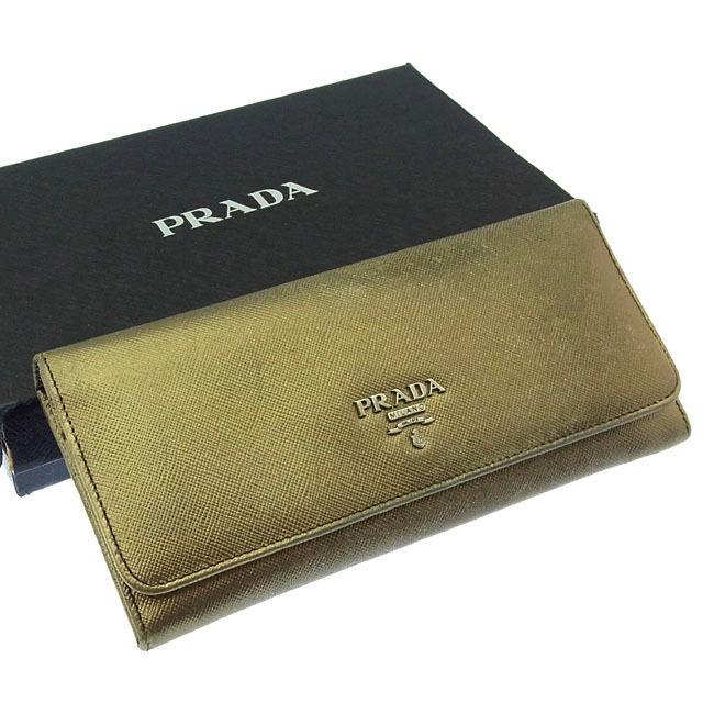 【BIGお買い物ラリー★30%OFFセール中】プラダ PRADA 長財布ロゴ ゴールド×シルバー レディース 中古