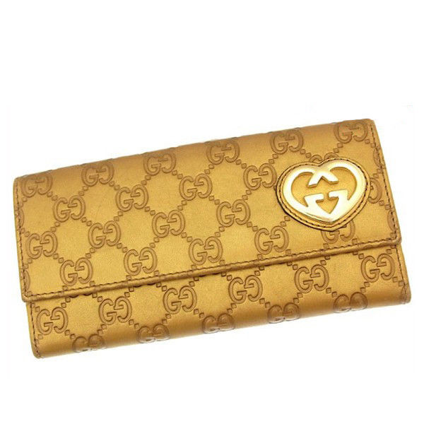 【X'masセール★30%OFF】グッチ GUCCI 長財布グッチシマ インターロッキングGハート ゴールド系 レディース 中古