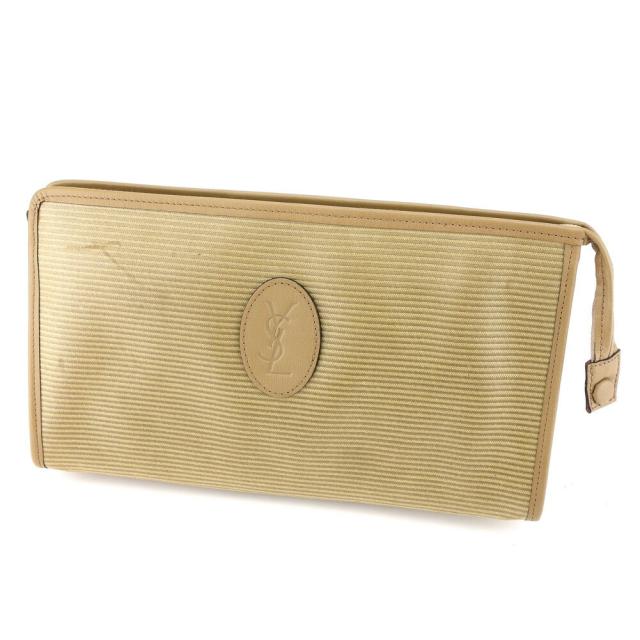 【BIGお買い物ラリー★30%OFFセール中】イヴ・サンローラン YVES SAINT LAURENT セカンドバッグボーダー ロゴモチーフebay_uk ベージュ系×ゴールド レディース 中古