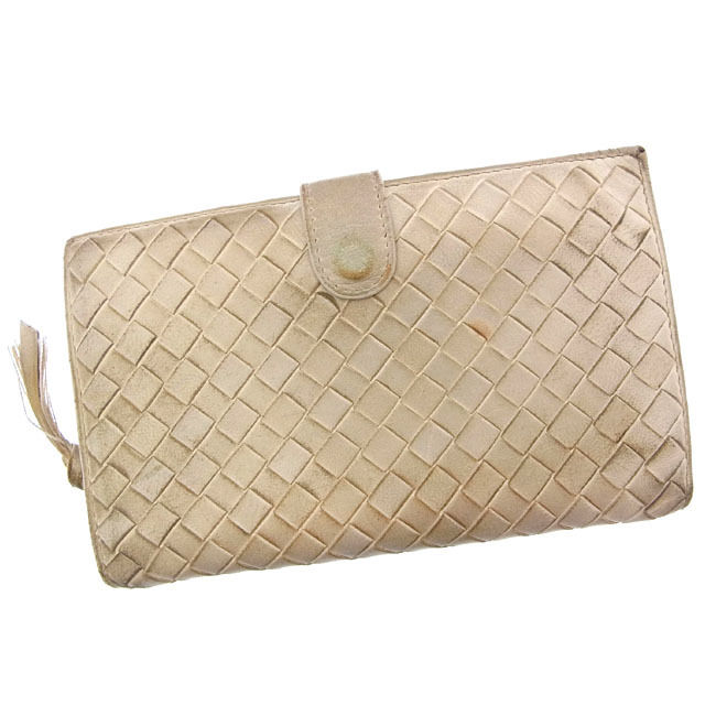 【BIGお買い物ラリー★30%OFFセール中】ボッテガヴェネタ BOTTEGAVENETA 長財布イントレチャート アイボリー×ゴールド レディース 中古