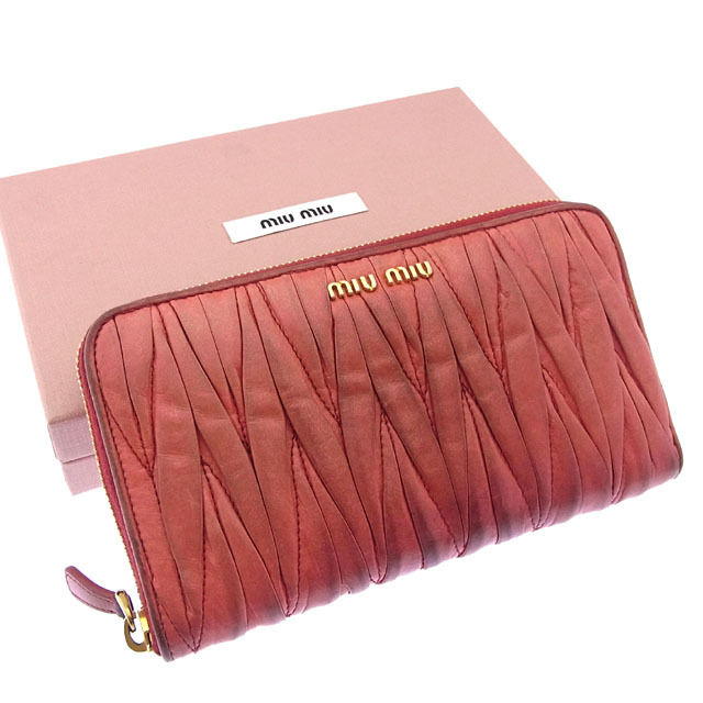【X'masセール★30%OFF】ミュウミュウ MIUMIU 長財布マテラッセ ロゴ入り ピンク×ゴールド レディース 中古