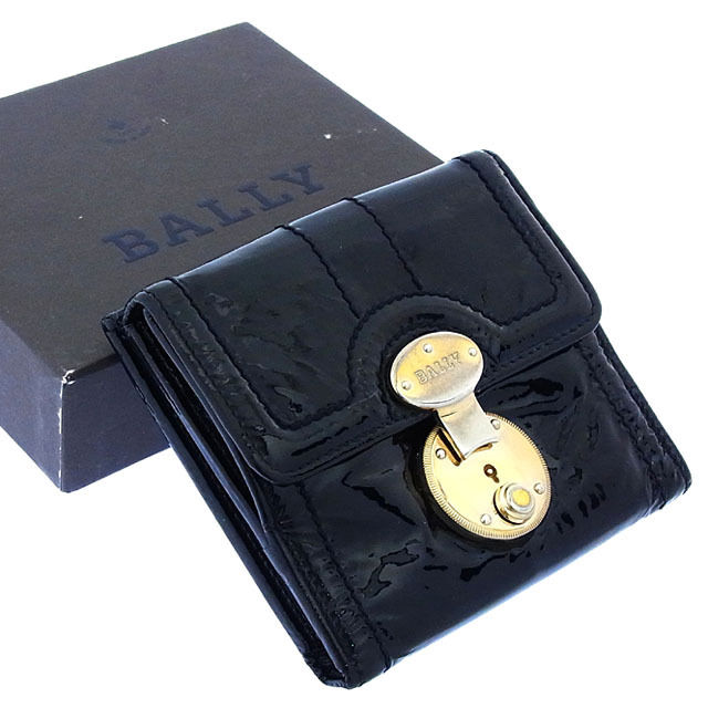 【BIGお買い物ラリー★30%OFFセール中】バリー BALLY 二つ折り財布ロゴプレート ステッチライン入り ブラック×ゴールド レディース 中古