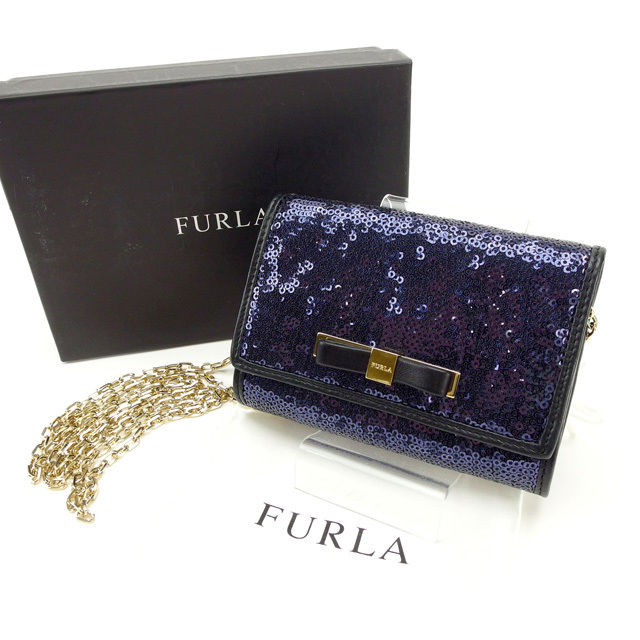 【X'masセール★30%OFF】フルラ Furla カードケーススパンコール ネイビー×ブラック レディース 中古