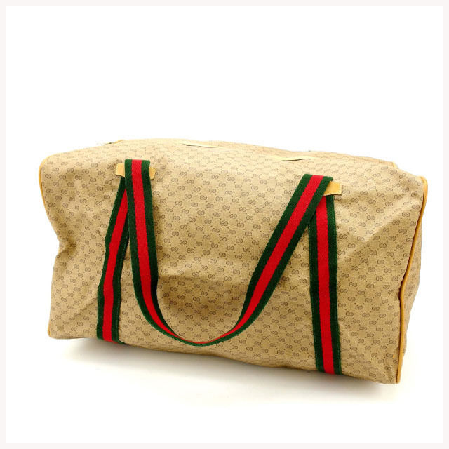 【BIGお買い物ラリー★30%OFFセール中】グッチ GUCCI ボストンバッグマイクロＧＧ ヴィンテージ ベージュ×グリーン×レッド レディース 中古