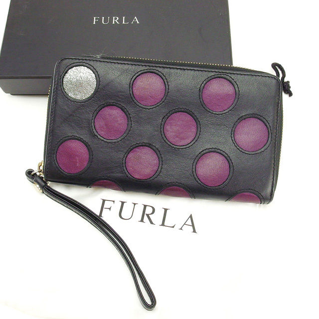 【BIGお買い物ラリー★30%OFFセール中】フルラ Furla 長財布 ブラック×パープル レディース 中古