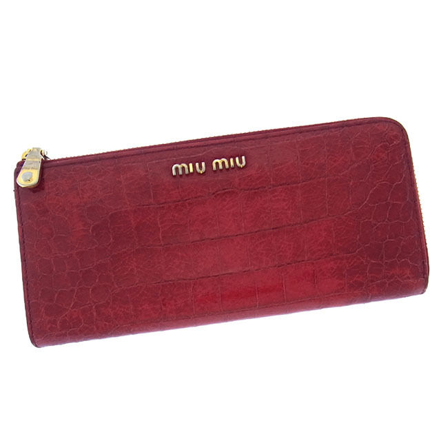 【X'masセール★30%OFF】ミュウミュウ MIUMIU 長財布クロコダイル調 ロゴ入り レッド×ゴールド レディース 中古