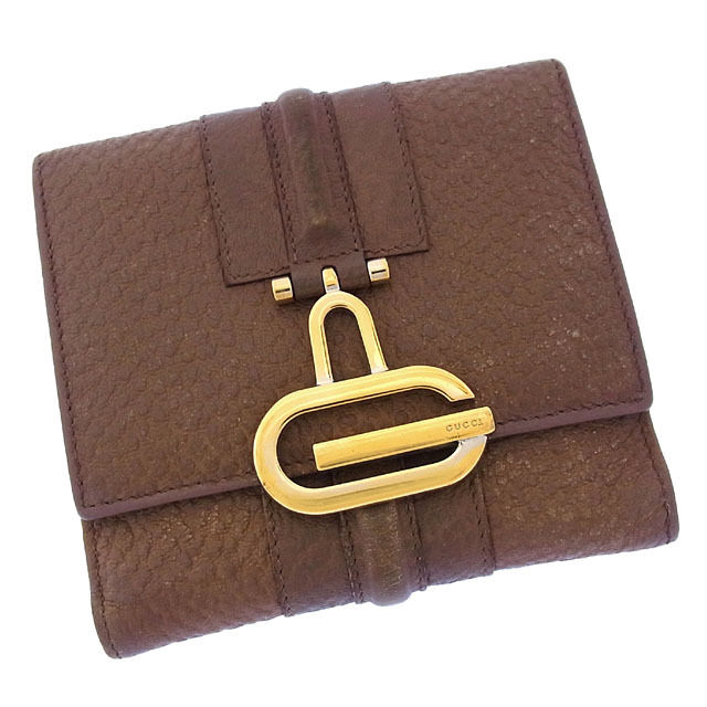 【BIGお買い物ラリー★30%OFFセール中】グッチ GUCCI 二つ折り財布Gマーク ライトブラウン×ゴールド レディース 中古