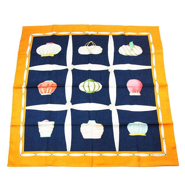 【BIGお買い物ラリー★30%OFFセール中】ブルガリ BVLGARI スカーフファッションアイテム柄 ネイビー×オレンジ系 レディース 中古