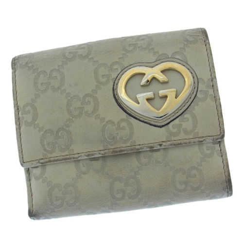 【BIGお買い物ラリー★30%OFFセール中】グッチ GUCCI 二つ折り財布グッチシマ インターロッキングGハート ベージュ×ゴールド レディース 中古
