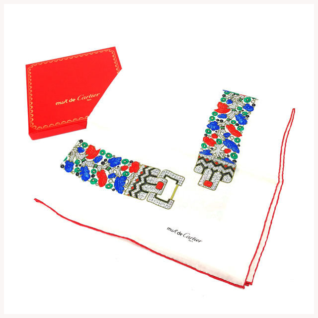 【BIGお買い物ラリー★30%OFFセール中】カルティエ CARTIER スカーフマストライン ホワイト×レッド レディース 中古