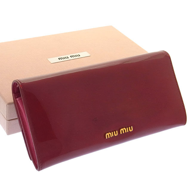 【BIGお買い物ラリー★30%OFFセール中】ミュウミュウ MIUMIU 長財布リボンモチーフ ロゴ入り レッド×ゴールド レディース 中古