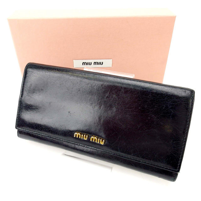 【BIGお買い物ラリー★30%OFFセール中】ミュウミュウ MIUMIU 長財布 ブラック×ブルー レディース 中古