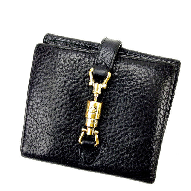 【BIGお買い物ラリー★30%OFFセール中】グッチ GUCCI 二つ折り財布ジャッキー金具 ブラック×ゴールド レディース 中古