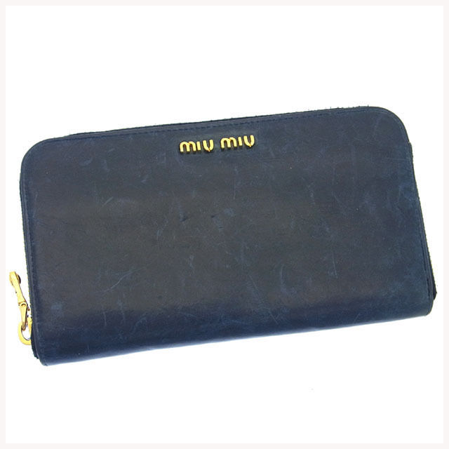 【BIGお買い物ラリー★30%OFFセール中】ミュウミュウ MIUMIU 長財布ロゴ ネイビー×ゴールド レディース 中古