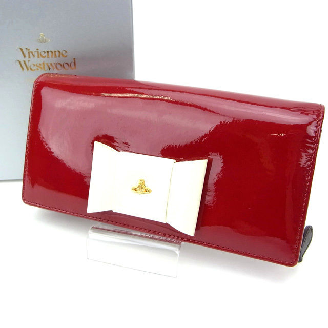 【BIGお買い物ラリー★30%OFFセール中】ヴィヴィアンウエストウッド Vivienne Westwood 長財布オーブ /リボンモチーフ付き レッド×ホワイト レディース 中古