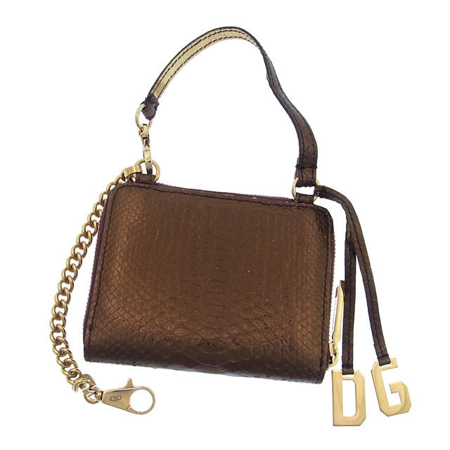 【BIGお買い物ラリー★30%OFFセール中】ドルチェアンドガッバーナ DOLCE&GABBANA ケースパイソン調 チェーンウォレット メタリックブラウン×ゴールド レディース 中古
