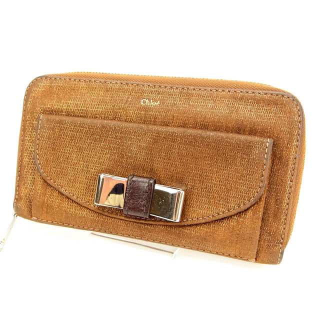 【BIGお買い物ラリー★30%OFFセール中】クロエ Chloe 長財布 /リボンモチーフ付き ライトブラウン×ゴールド レディース 中古