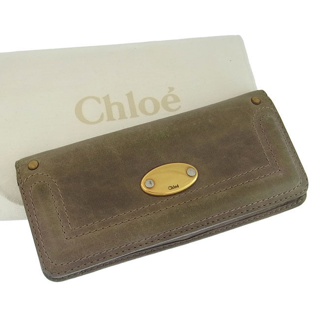 【BIGお買い物ラリー★30%OFFセール中】クロエ Chloe 長財布ロゴプレート ベイ グレー×ゴールド レディース 中古