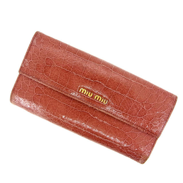【BIGお買い物ラリー★30%OFFセール中】ミュウミュウ MIUMIU 三つ折り財布クロコダイル型押し ピンク レディース 中古