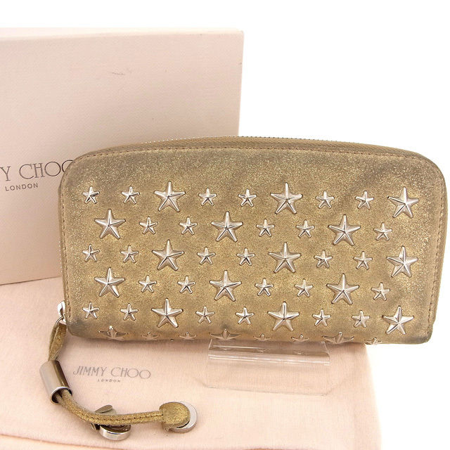 【BIGお買い物ラリー★30%OFFセール中】ジミーチュウ JIMMY CHOO 長財布星型スタッズ メタリックゴールド レディース 中古
