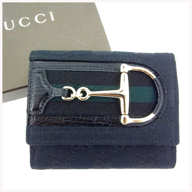 【BIGお買い物ラリー★30%OFFセール中】グッチ GUCCI 二つ折り財布ビット金具×ＧＧ柄 ブラック レディース 中古