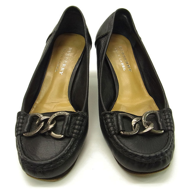 【BIGお買い物ラリー★30%OFFセール中】バーバリーブルーレーベル BURBERRY BLUE LABEL パンプスローファー ラウンドトゥ ブラック×シルバー レディース 中古