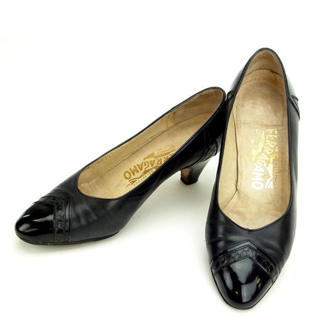 【BIGお買い物ラリー★30%OFFセール中】サルヴァトーレフェラガモ Salvatore Ferragamo パンプスパイソン型押し ブラック レディース 中古