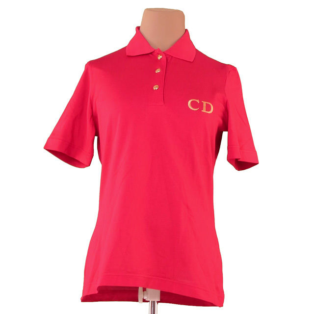 【X'masセール★30%OFF】ディオール Dior ポロシャツCD刺繍 ♯Sサイズ レッド×ゴールド レディース 中古