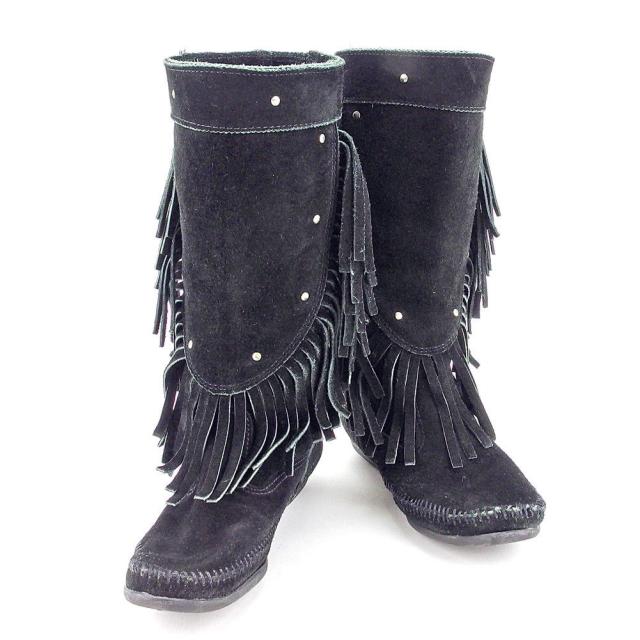 【BIGお買い物ラリー★30%OFFセール中】ミネトンカ Minnetonka ブーツフリンジ スタッズ ミドル丈 ブラック×シルバー レディース 中古