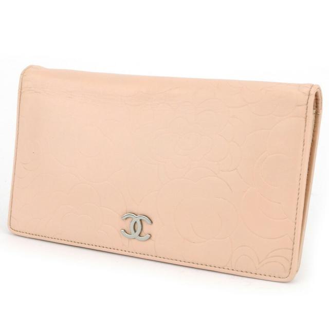 【BIGお買い物ラリー★30%OFFセール中】シャネル CHANEL 長財布カメリア /ココマーク付き ピンクベージュ×シルバー レディース 中古