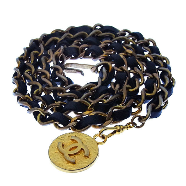 【BIGお買い物ラリー★30%OFFセール中】シャネル CHANEL ベルトチェーンベルト ココマークチャーム付き ブラック×ゴールド レディース 中古