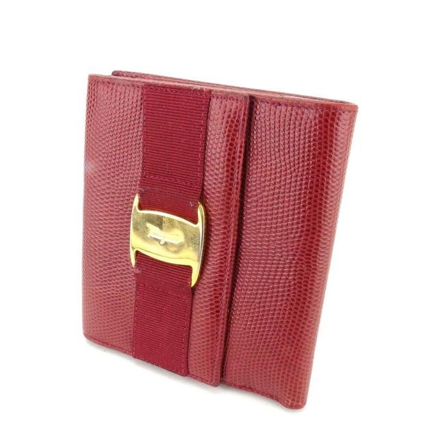 【BIGお買い物ラリー★30%OFFセール中】サルヴァトーレフェラガモ Salvatore Ferragamo 二つ折り財布ヴァラ リザード調 レッド ゴールド レディース 中古