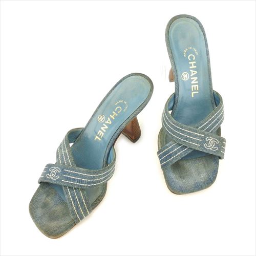 【X'masセール★30%OFF】シャネル CHANEL サンダルデニム ♯36ハーフ ココマークステッチ ブルー ブラウン レディース 中古