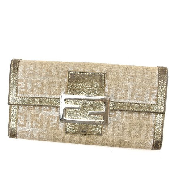 【BIGお買い物ラリー★30%OFFセール中】フェンディ FENDI 長財布ズッキーノ FFプレート ベージュ×ゴールド×シルバー系 中古