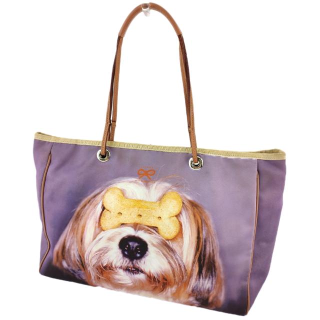 【X'masセール★30%OFF】アニヤ・ハインドマーチ Anya Hindmarch トートバッグフォトプリント ドック 犬　転写プリント パープル ベージュ ブラウン系 中古