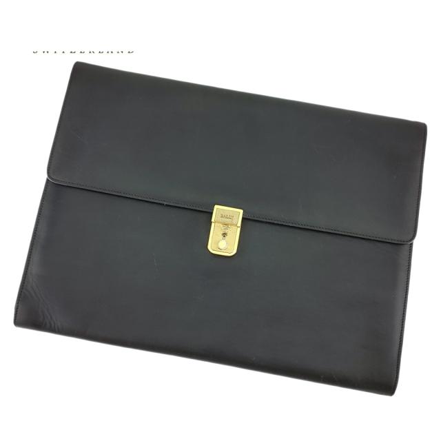 【X'masセール★30%OFF】バリー BALLY ビジネスバッグロゴプレート ブラック ゴールド レザー 中古