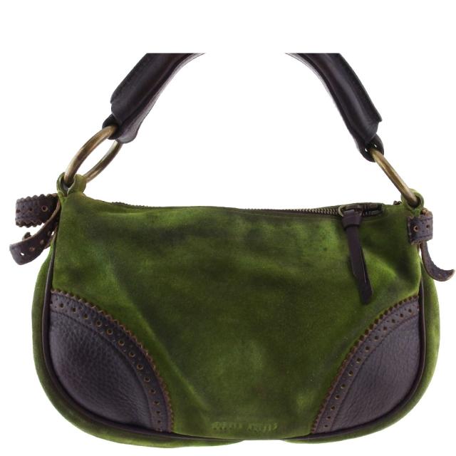 【X'masセール★30%OFF】ミュウミュウ MIUMIU ハンドバッグ異素材コンビ パンチングレザー リボン グリーン ブラウン ゴールド 中古